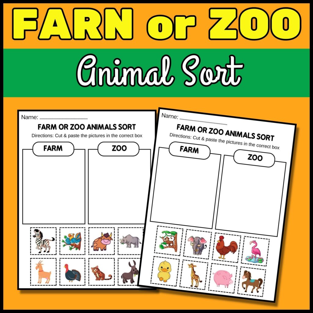 Zoo or Farm Animal Sort Center Game for Preschool and Kindergarten ...