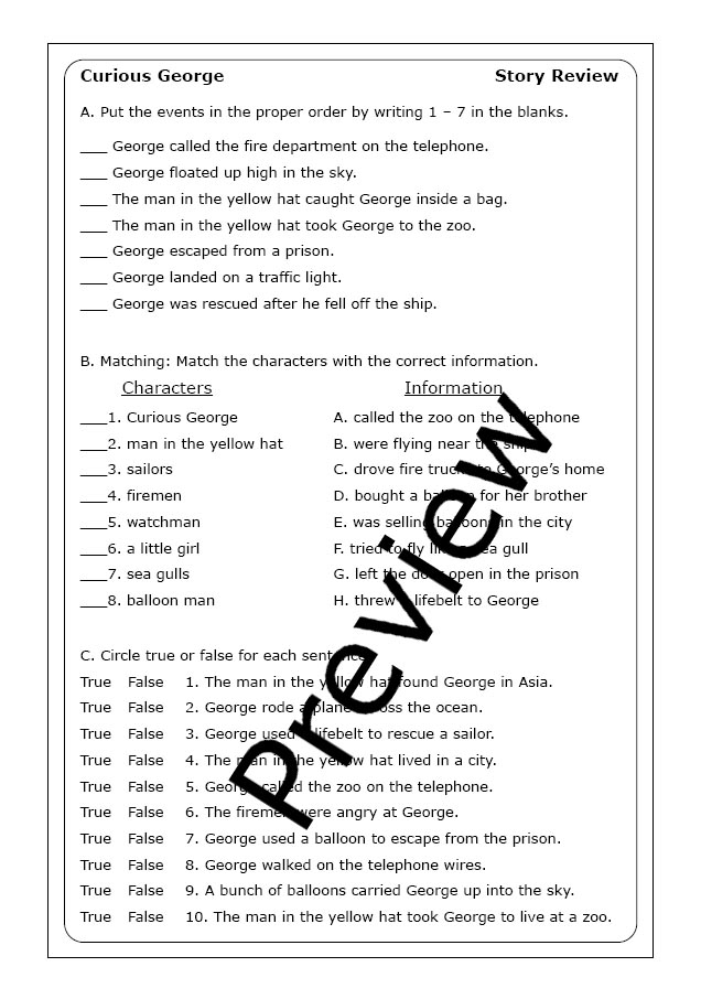 H. A. Rey "Curious George" worksheets | Made By Teachers