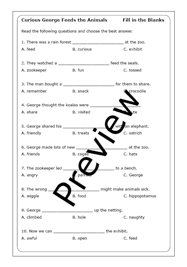 "Curious George Feeds the Animals" worksheets | Made By Teachers