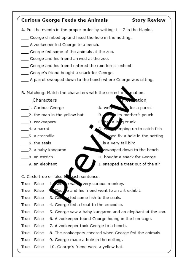 "Curious George Feeds the Animals" worksheets | Made By Teachers