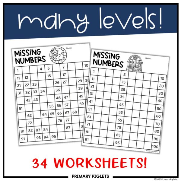 100s Charts Missing Numbers Worksheets - PETS | Counting Numbers to 100 ...