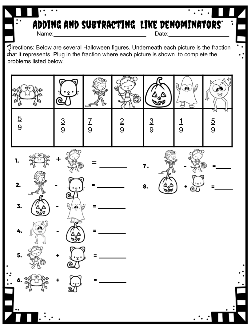 Halloween Adding and Subtracting Fractions with Like Denominators ...