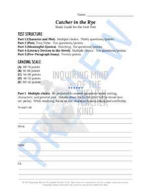 Catcher in the Rye Test and Answer Key with Study Guide | Made By Teachers