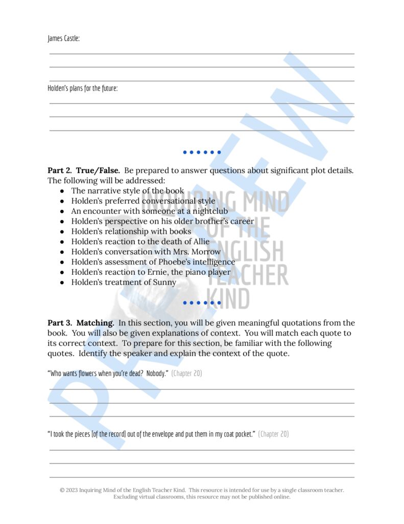 Catcher in the Rye Test and Answer Key with Study Guide - Made By Teachers