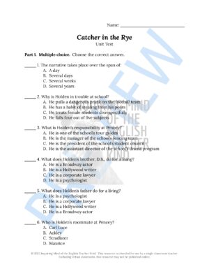 Catcher in the Rye Test and Answer Key with Study Guide | Made By Teachers