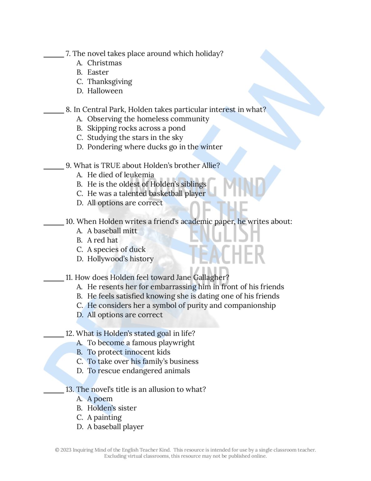 Catcher in the Rye Test and Answer Key with Study Guide - Made By Teachers