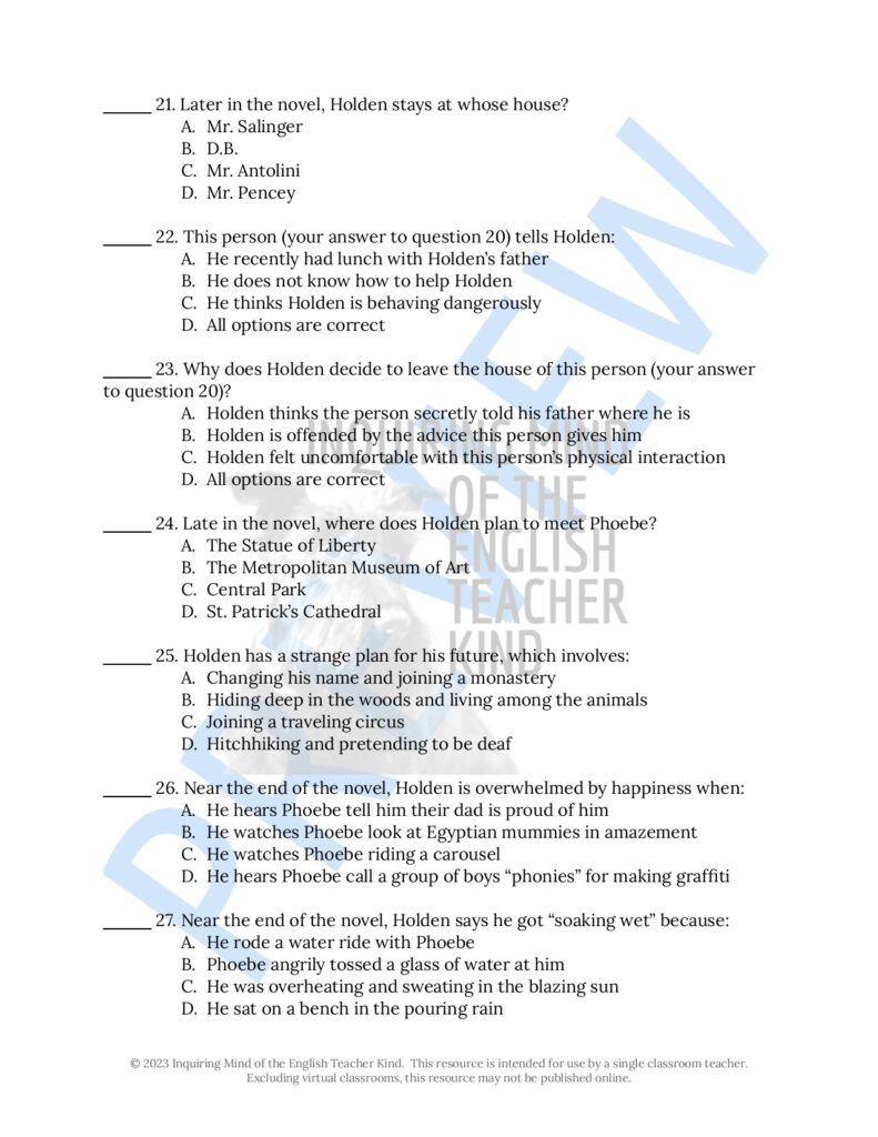 Catcher in the Rye Test and Answer Key with Study Guide - Made By Teachers