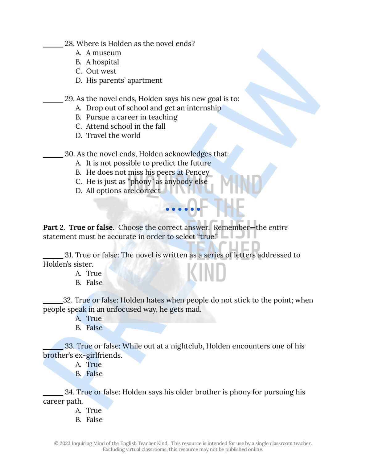 Catcher in the Rye Test and Answer Key with Study Guide - Made By Teachers