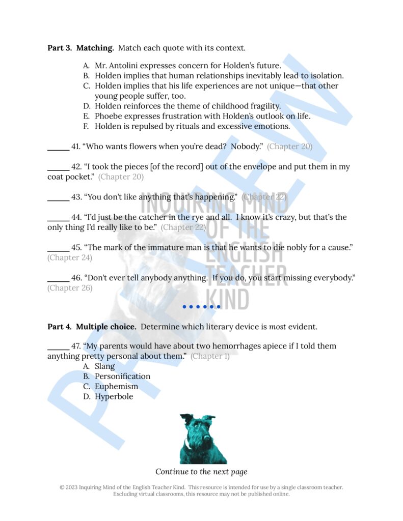 Catcher in the Rye Test and Answer Key with Study Guide - Made By Teachers