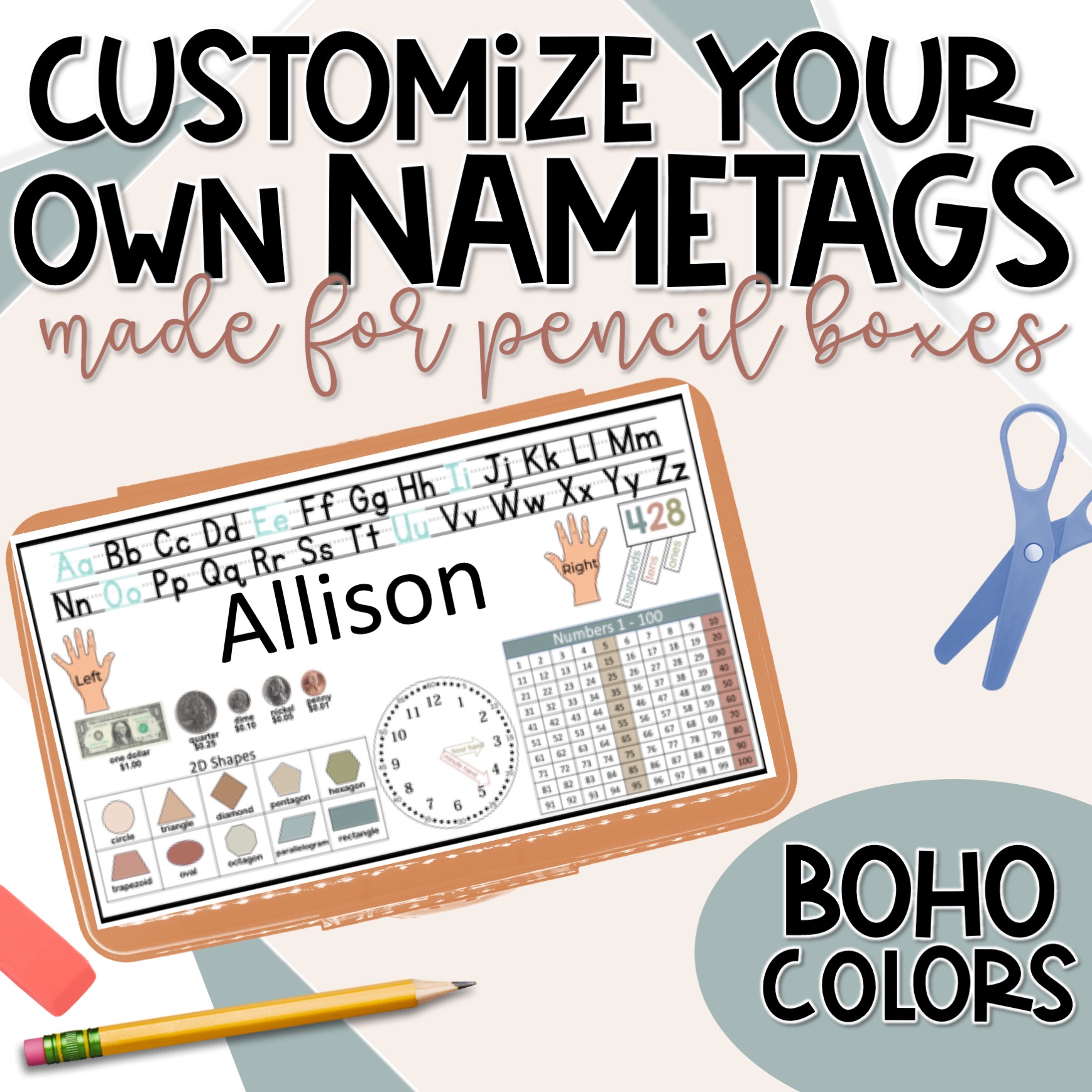 Pencil Box Name Tags Boho Colors Fully Customizable Editable Design ...
