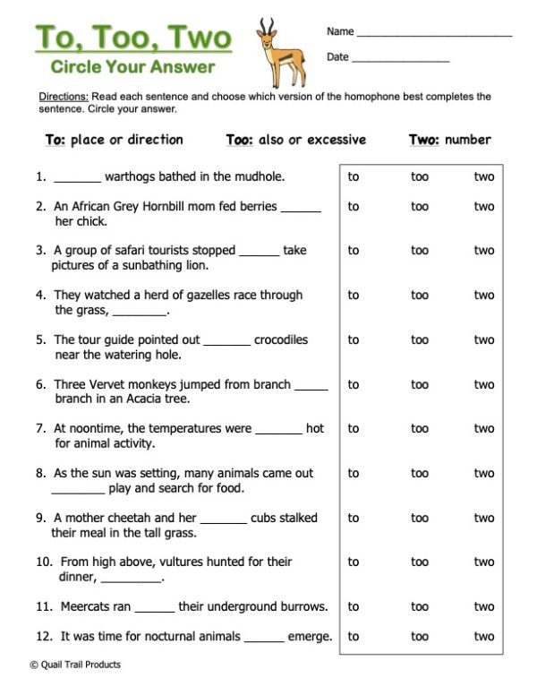 Homophones to, too, & two Safari worksheets | Made By Teachers