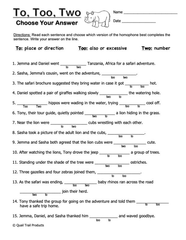Homophones to, too, & two Safari worksheets | Made By Teachers