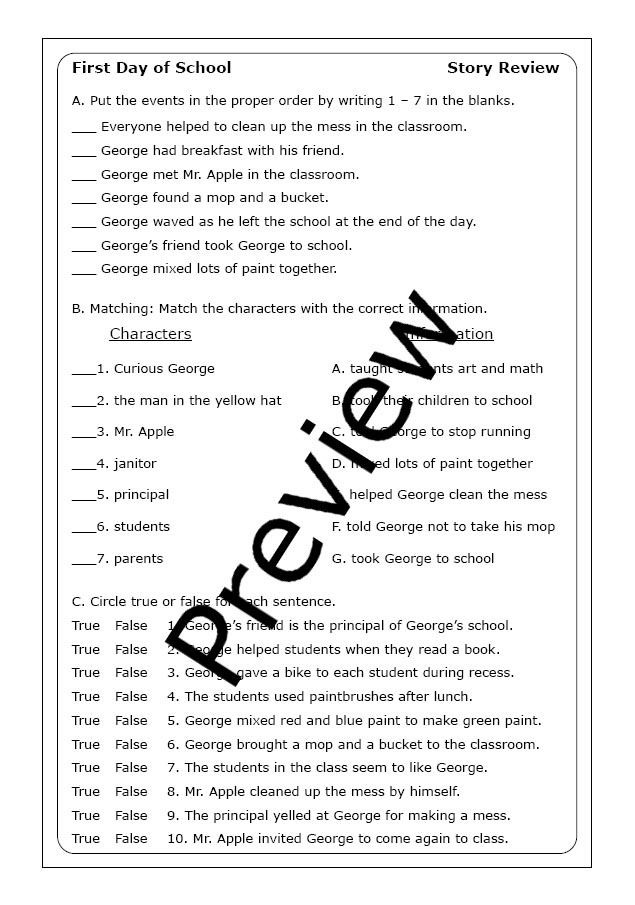 "Curious George's First Day of School" worksheets | Made By Teachers