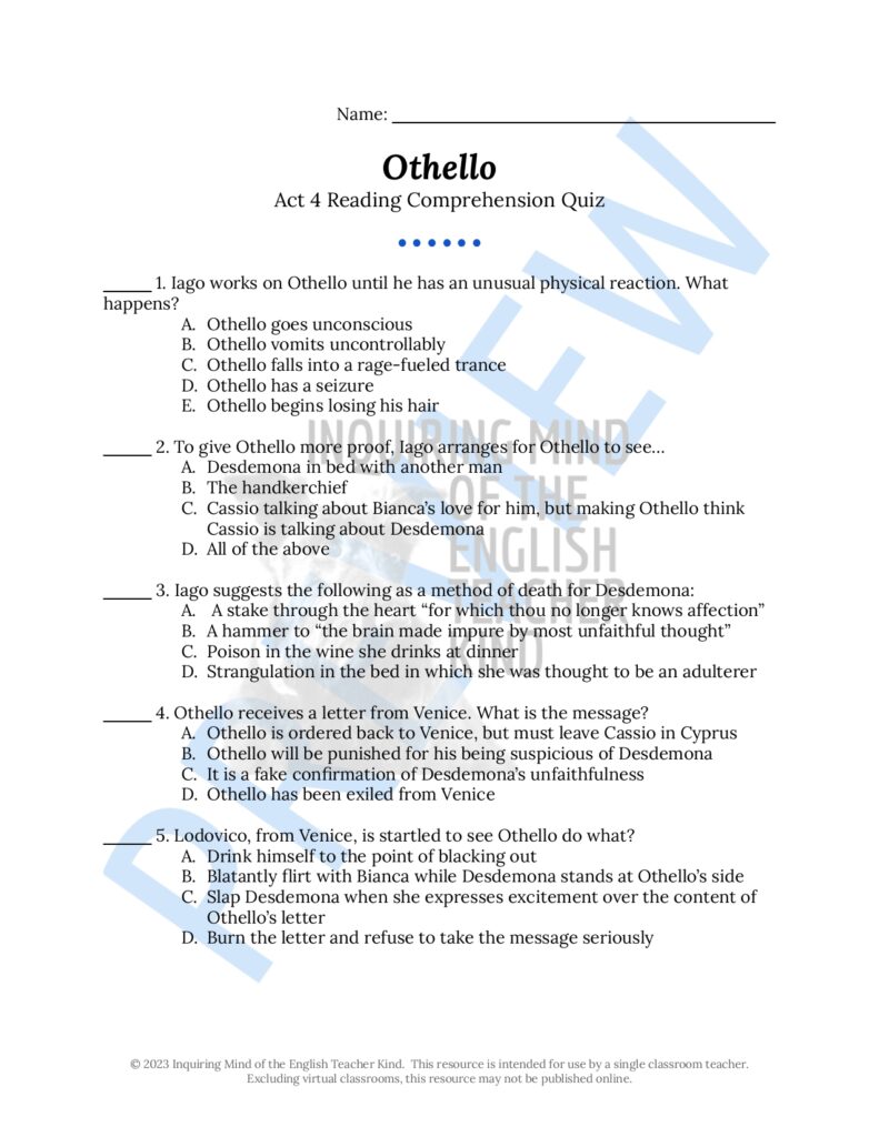 Othello Quiz and Answer Key Bundle for High School | Made By Teachers