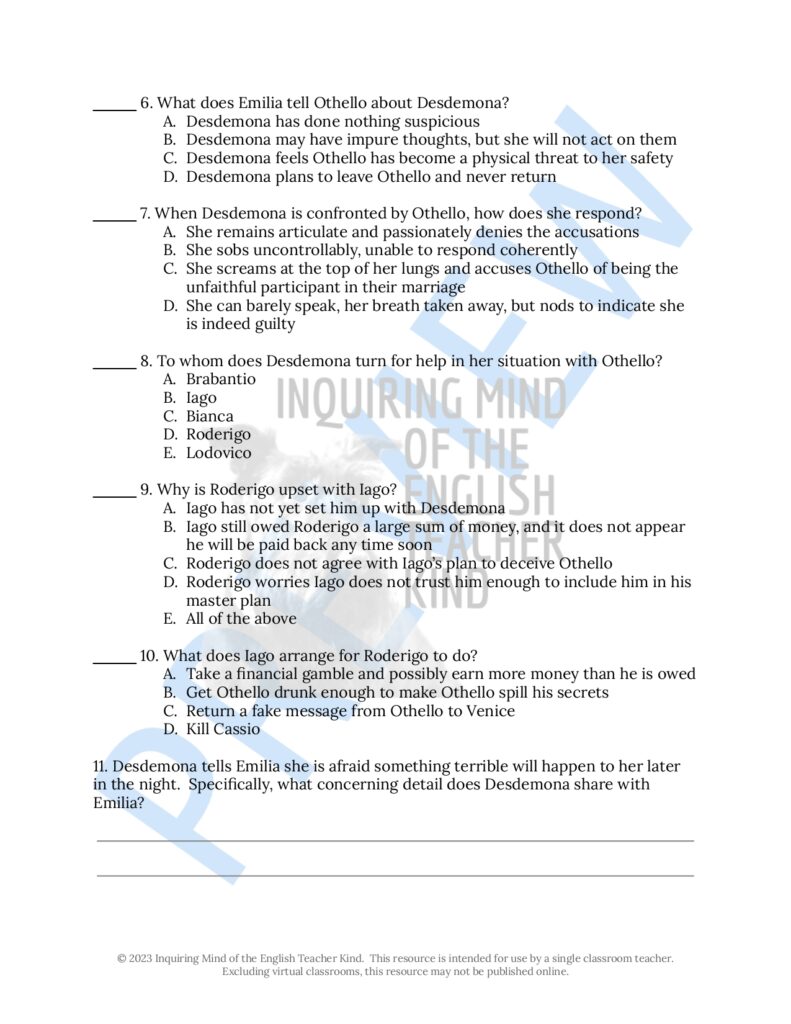 Othello Quiz and Answer Key Bundle for High School | Made By Teachers