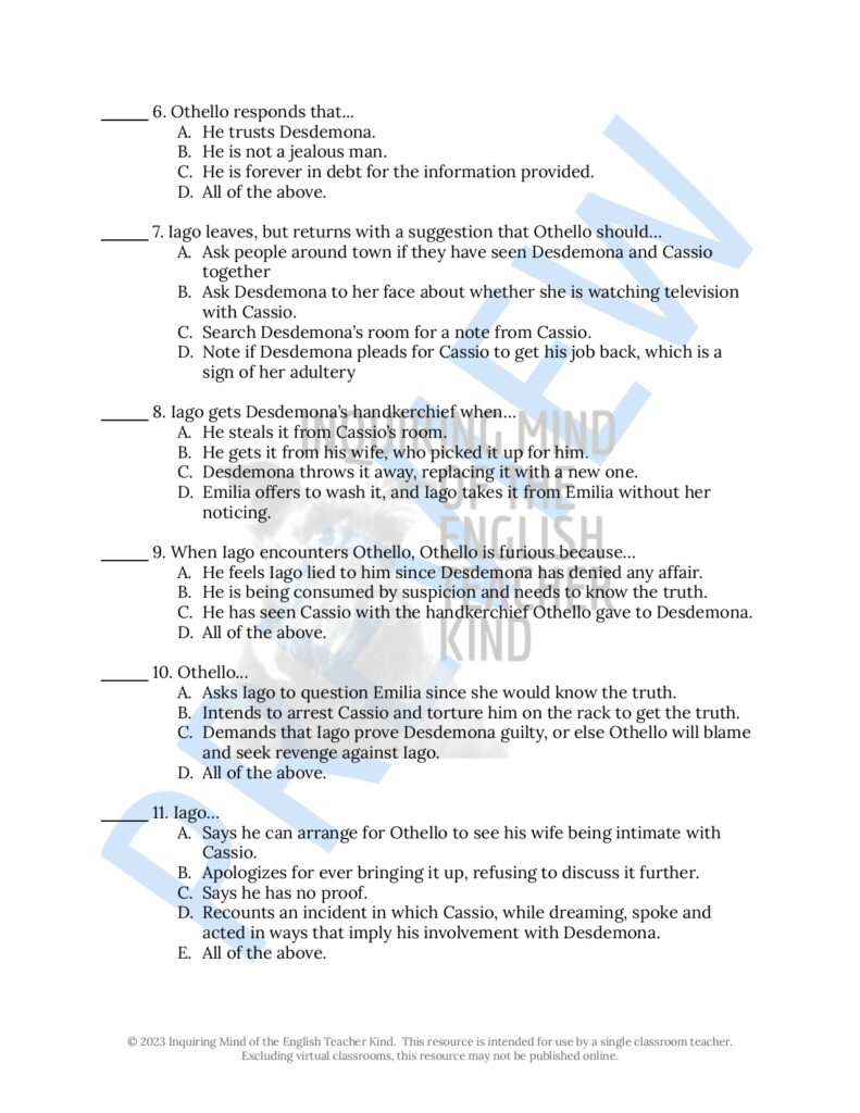 Othello Quiz and Answer Key Bundle for High School | Made By Teachers