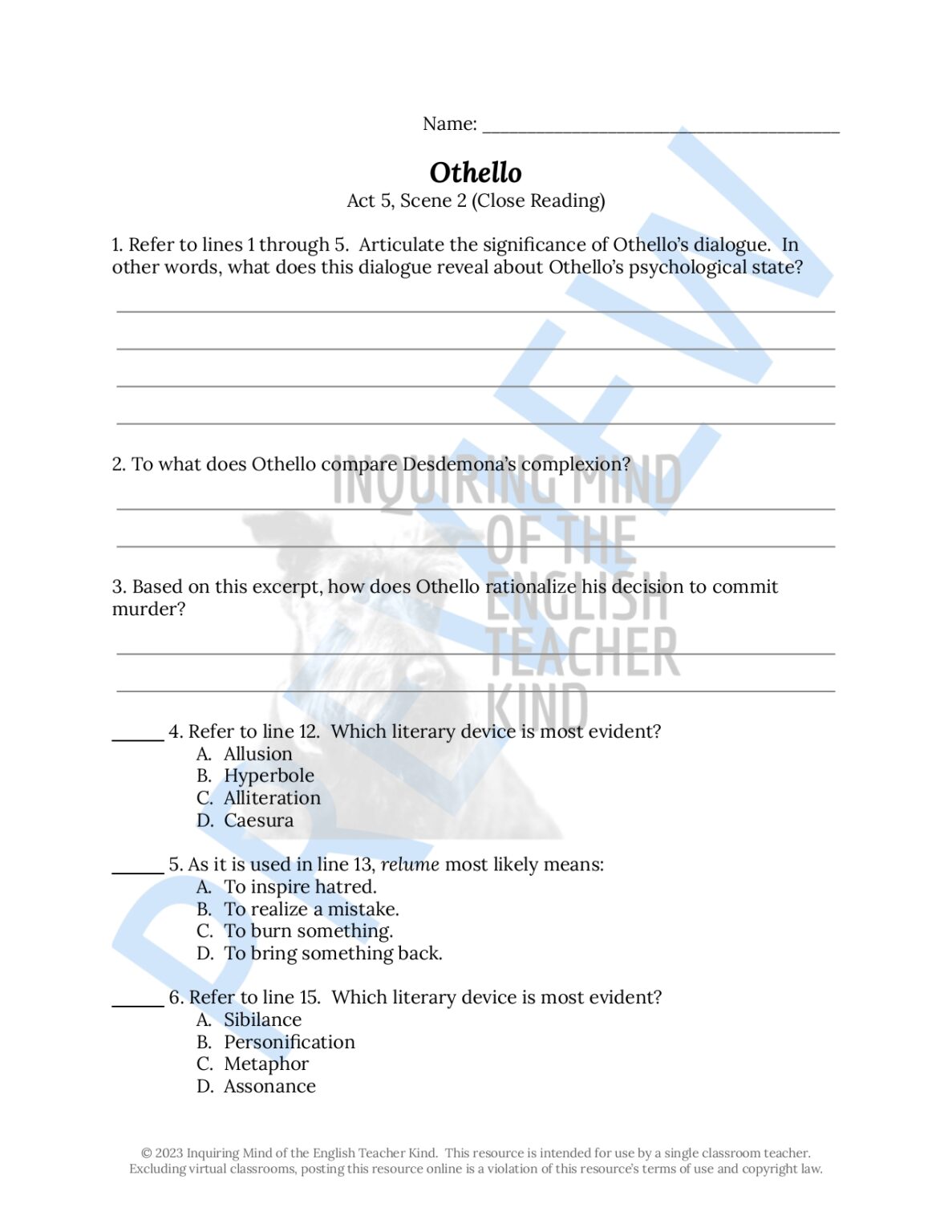 Othello Close Reading Analysis Worksheets Bundle with Answer Keys ...