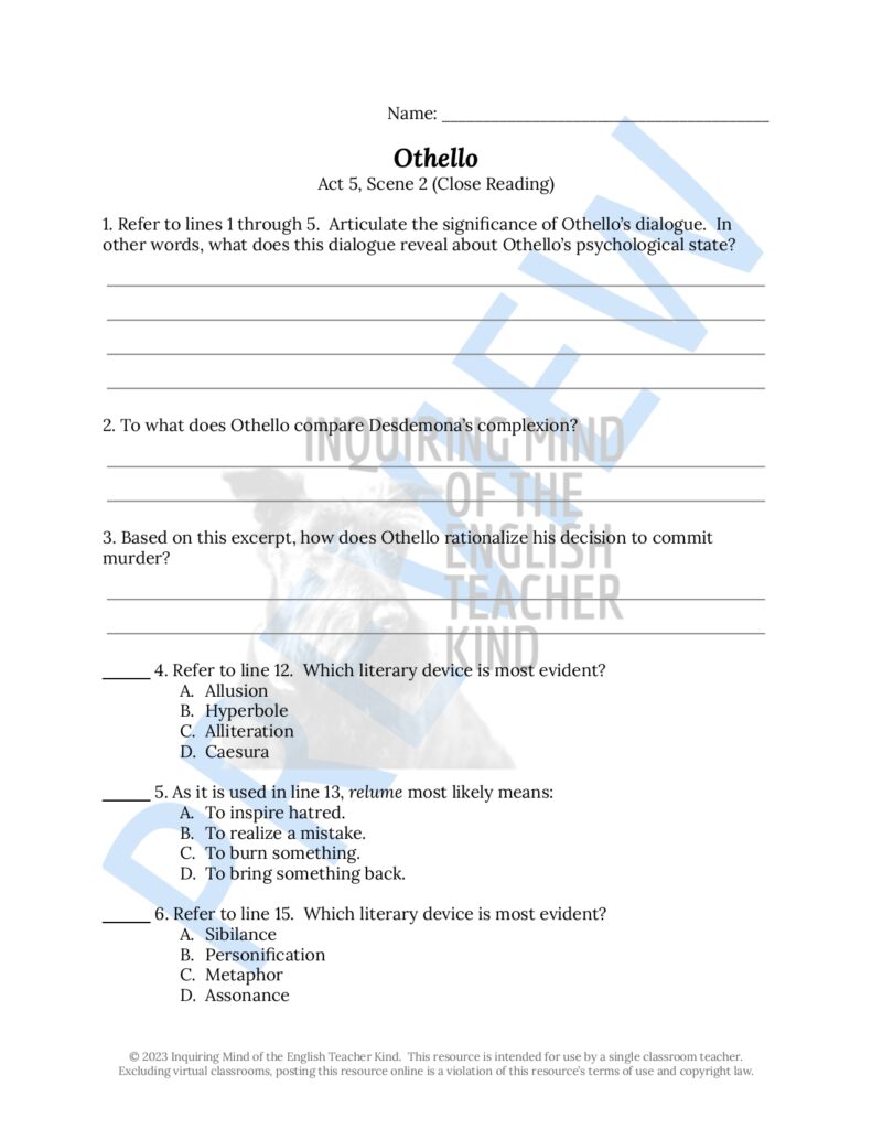 Othello Close Reading Analysis Worksheets Bundle with Answer Keys ...