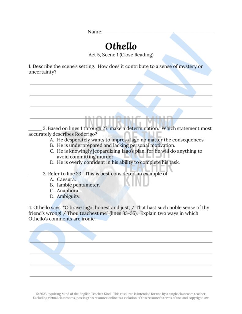 Othello Close Reading Analysis Worksheets Bundle with Answer Keys ...