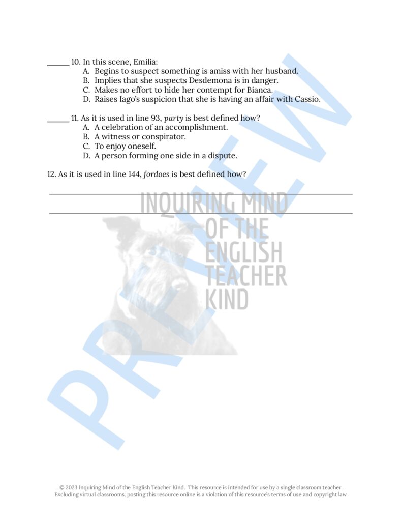 Othello Close Reading Analysis Worksheets Bundle with Answer Keys ...
