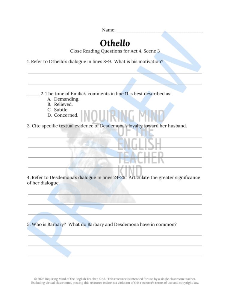 Othello Close Reading Analysis Worksheets Bundle with Answer Keys ...