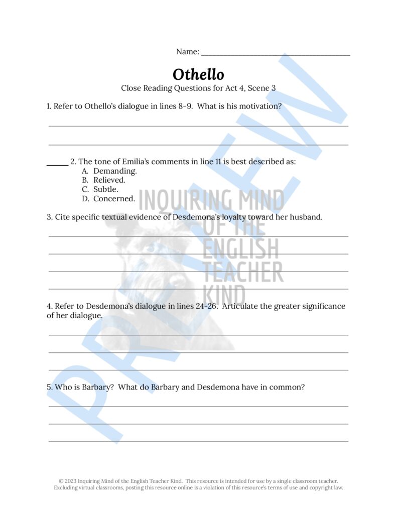 Othello Close Reading Analysis Worksheets Bundle with Answer Keys ...