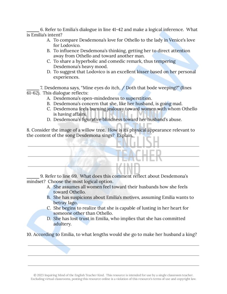 Othello Close Reading Analysis Worksheets Bundle with Answer Keys ...