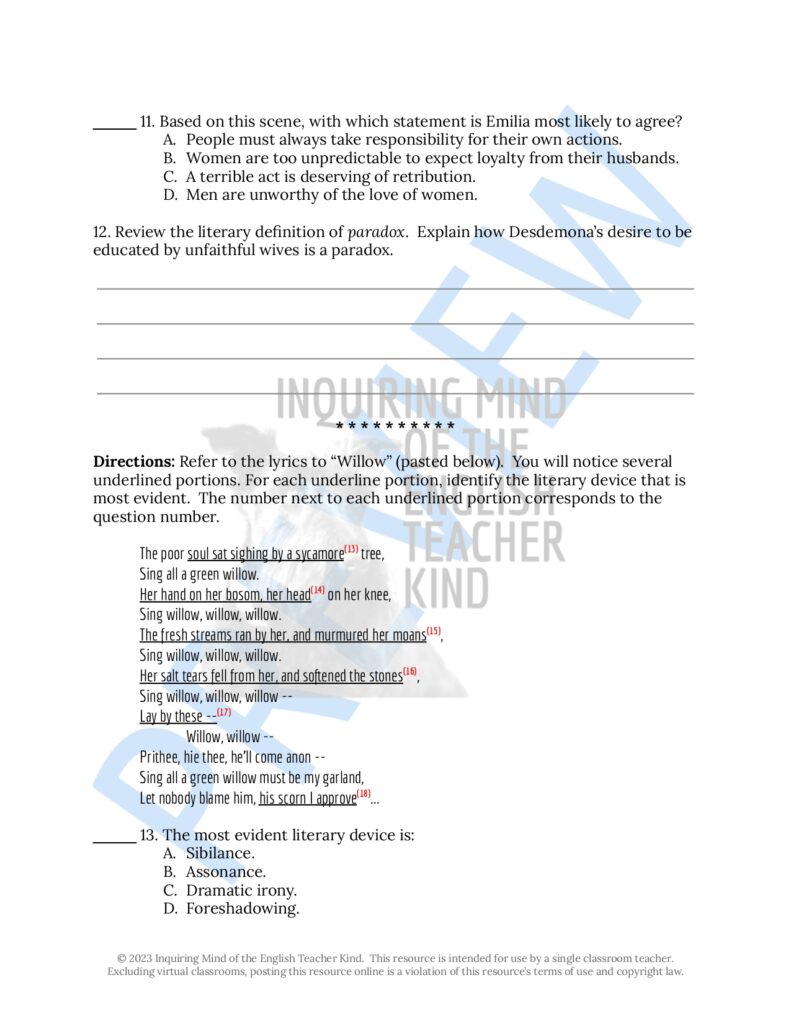 Othello Close Reading Analysis Worksheets Bundle with Answer Keys ...