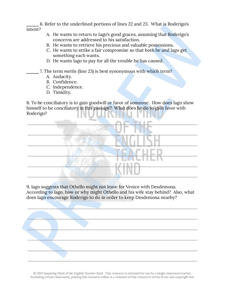 Othello Close Reading Analysis Worksheets Bundle with Answer Keys ...
