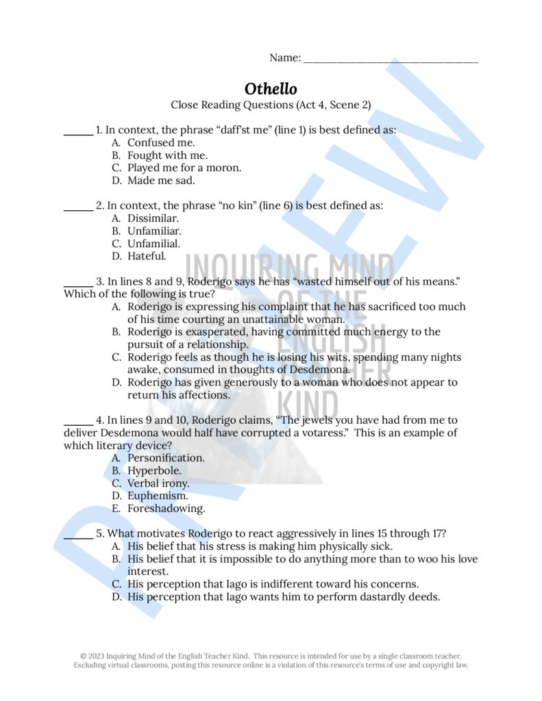 Othello Close Reading Analysis Worksheets Bundle with Answer Keys ...