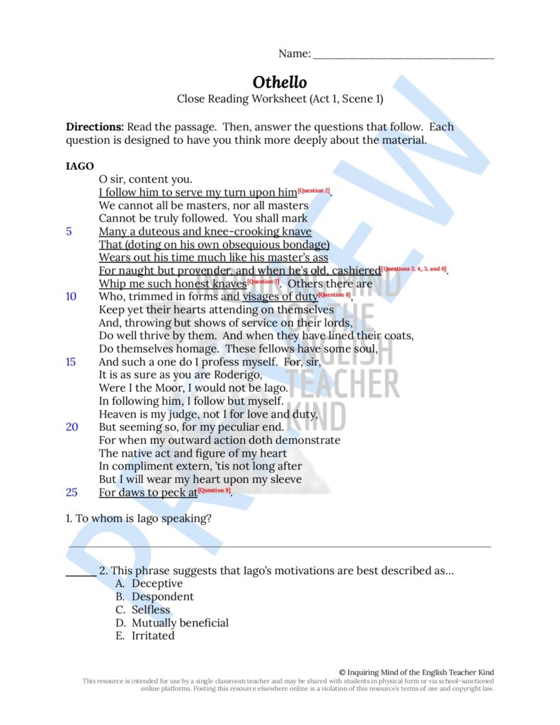 Othello Close Reading Analysis Worksheets Bundle with Answer Keys ...