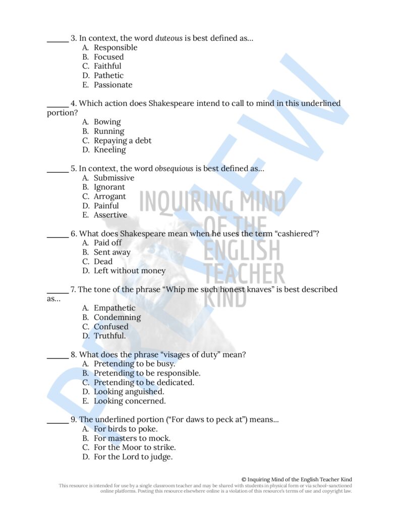 Othello Close Reading Analysis Worksheets Bundle with Answer Keys ...