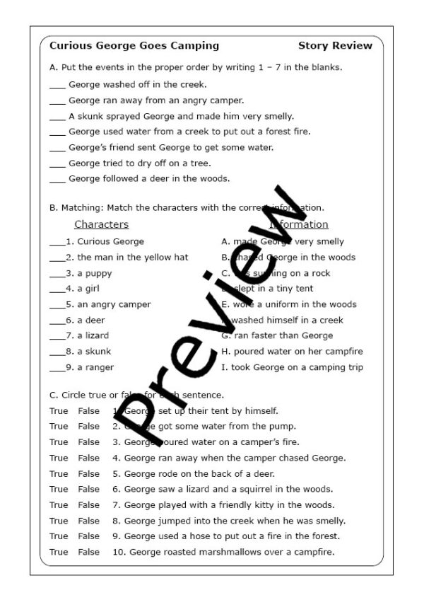 "Curious George Goes Camping" worksheets | Made By Teachers