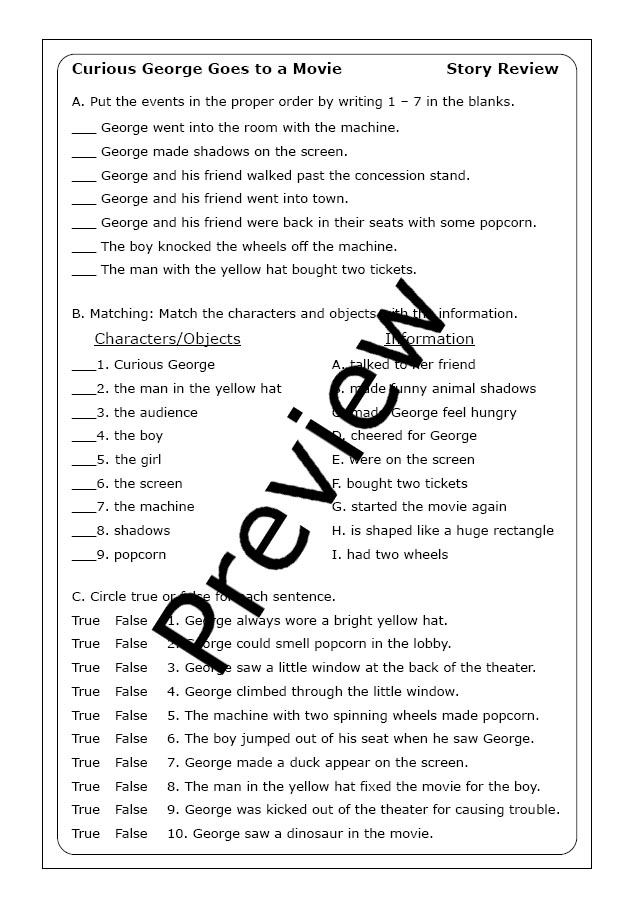 "Curious George Goes to a Movie" worksheets | Made By Teachers