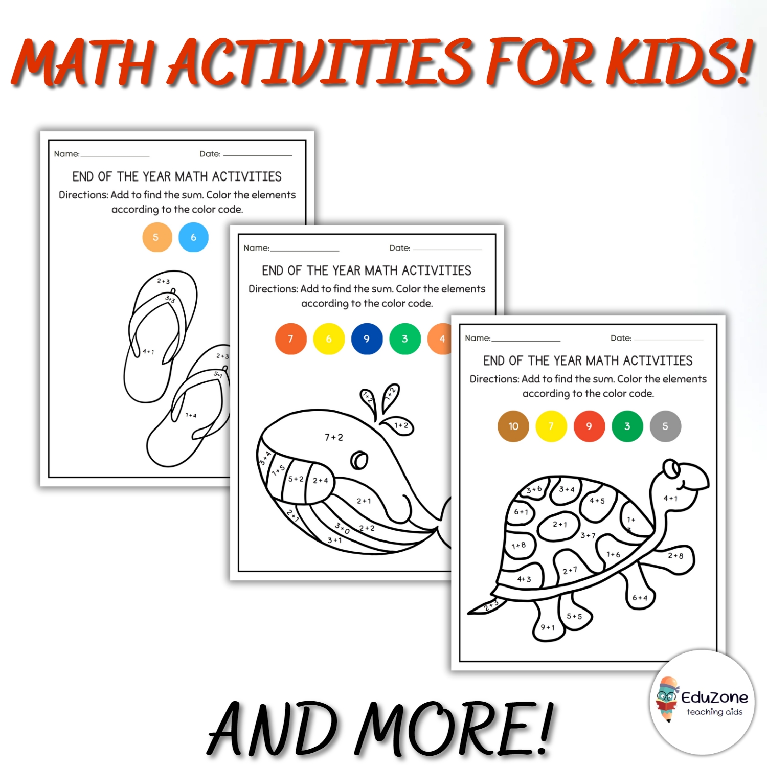 Addition Color by Number Worksheets: End-of-Year Math Activities for ...