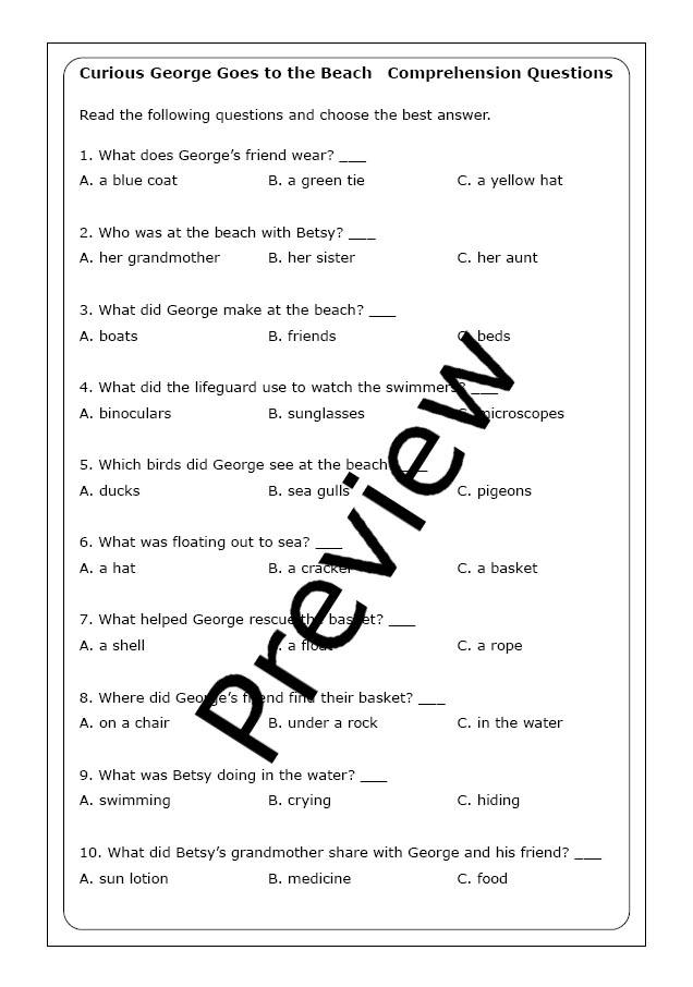 "Curious George Goes to the Beach" worksheets | Made By Teachers