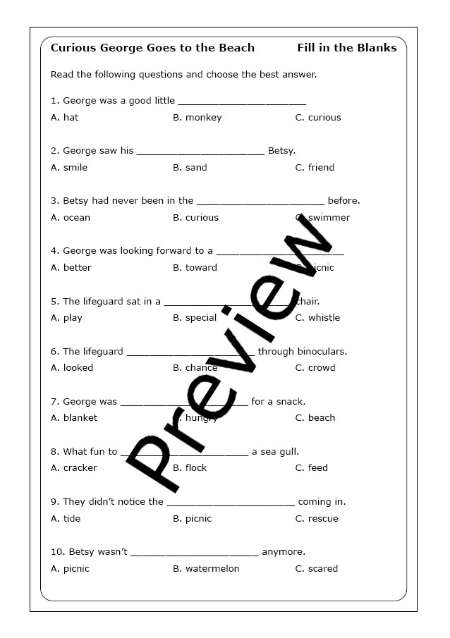 "Curious George Goes to the Beach" worksheets | Made By Teachers