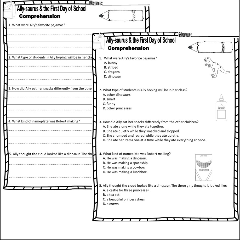 Ally-saurus & the First Day of School Reading Comprehension Questions ...