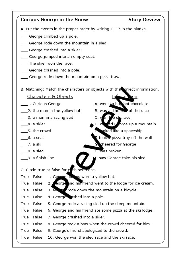 "Curious George in the Snow" worksheets | Made By Teachers