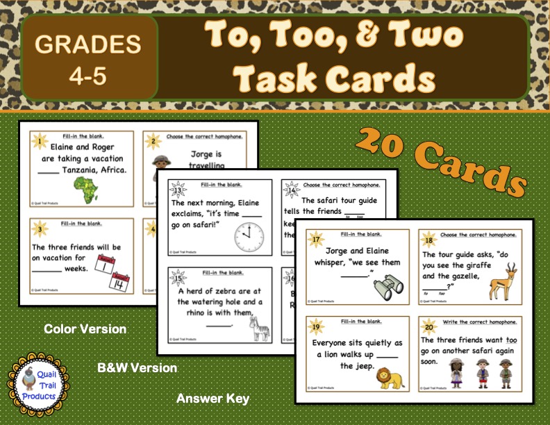Homophone Task Cards To, Too, & Two Safari | Made By Teachers