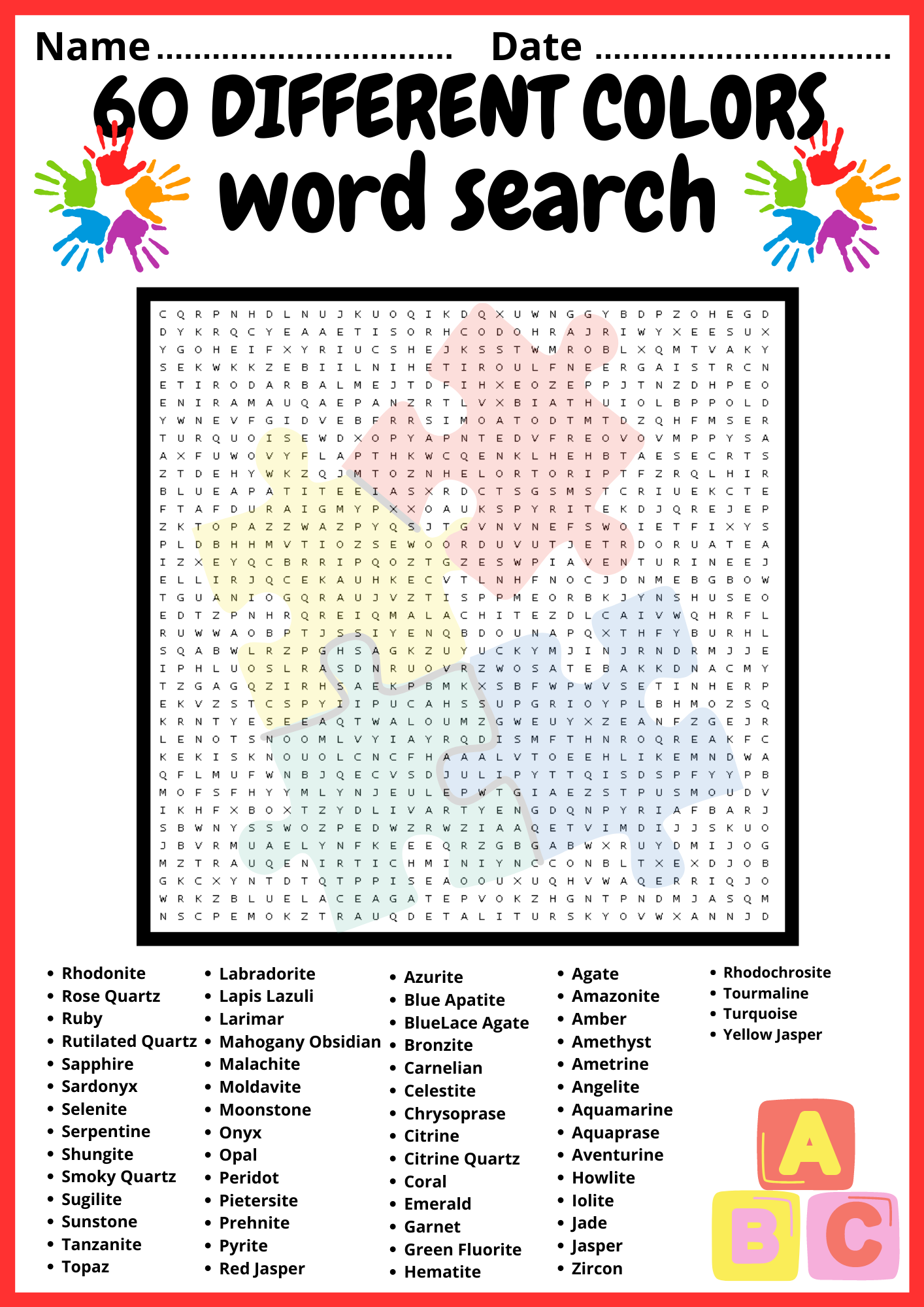 60 DIFFERENT COLORS WORD SEARCH Middle School Fun Activity Vocabulary ...