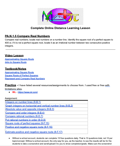 Complete Online Distance Learning 8th Math Compare Real Numbers PA.N.1. ...