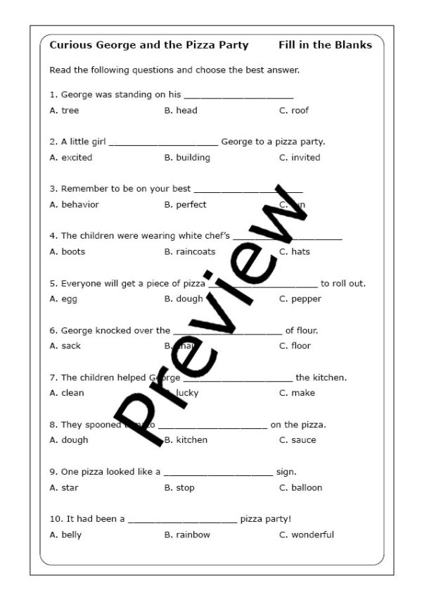 "Curious George and the Pizza Party" worksheets | Made By Teachers