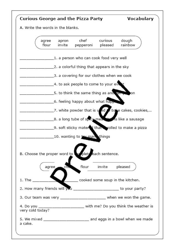 "Curious George and the Pizza Party" worksheets | Made By Teachers