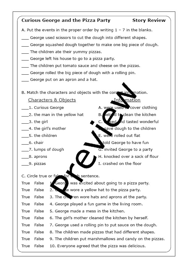"Curious George and the Pizza Party" worksheets | Made By Teachers