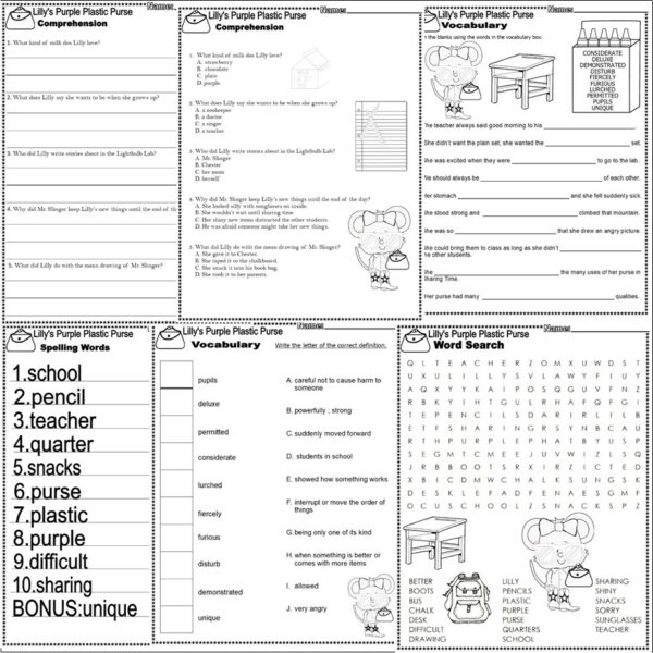 Lilly's Purple Plastic Purse Book Companion Reading Comprehension ...