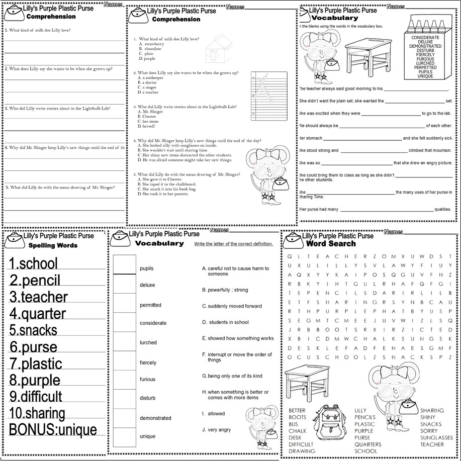 Lilly's Purple Plastic Purse Book Companion Reading Comprehension ...