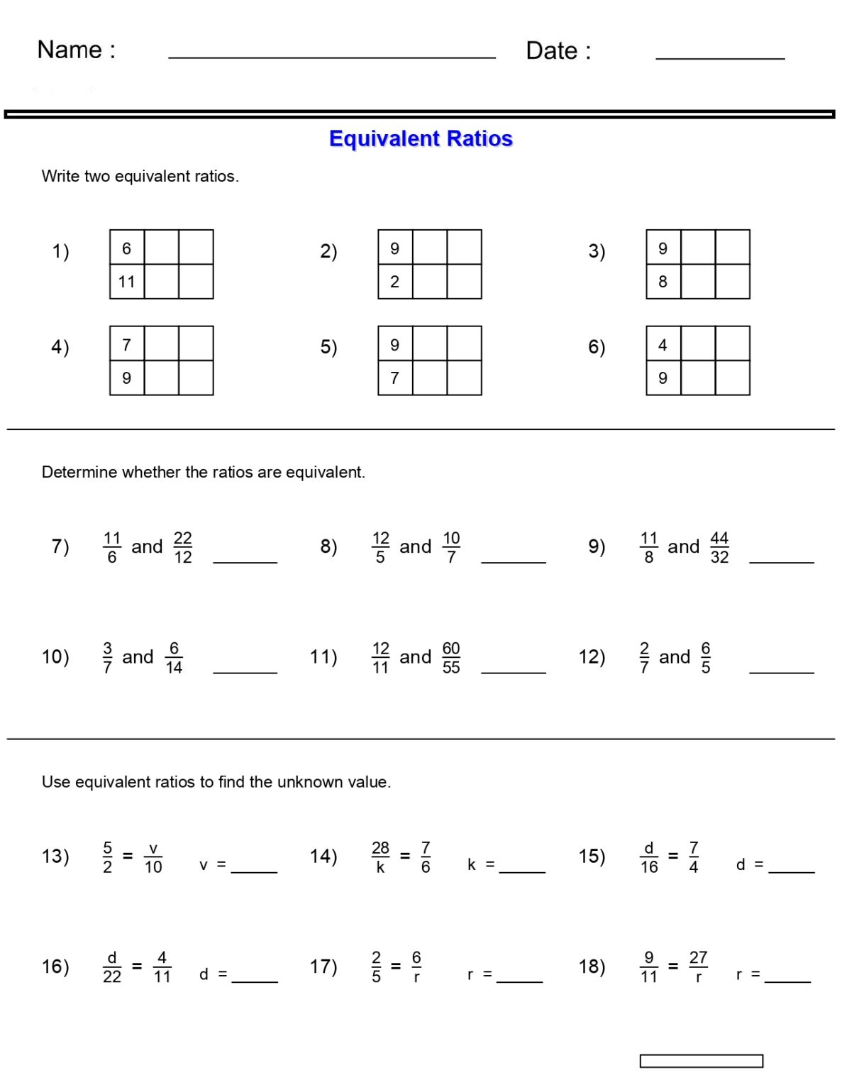Ratio Worksheets - Equivalent Ratio Worksheets - Write two equivalent ...