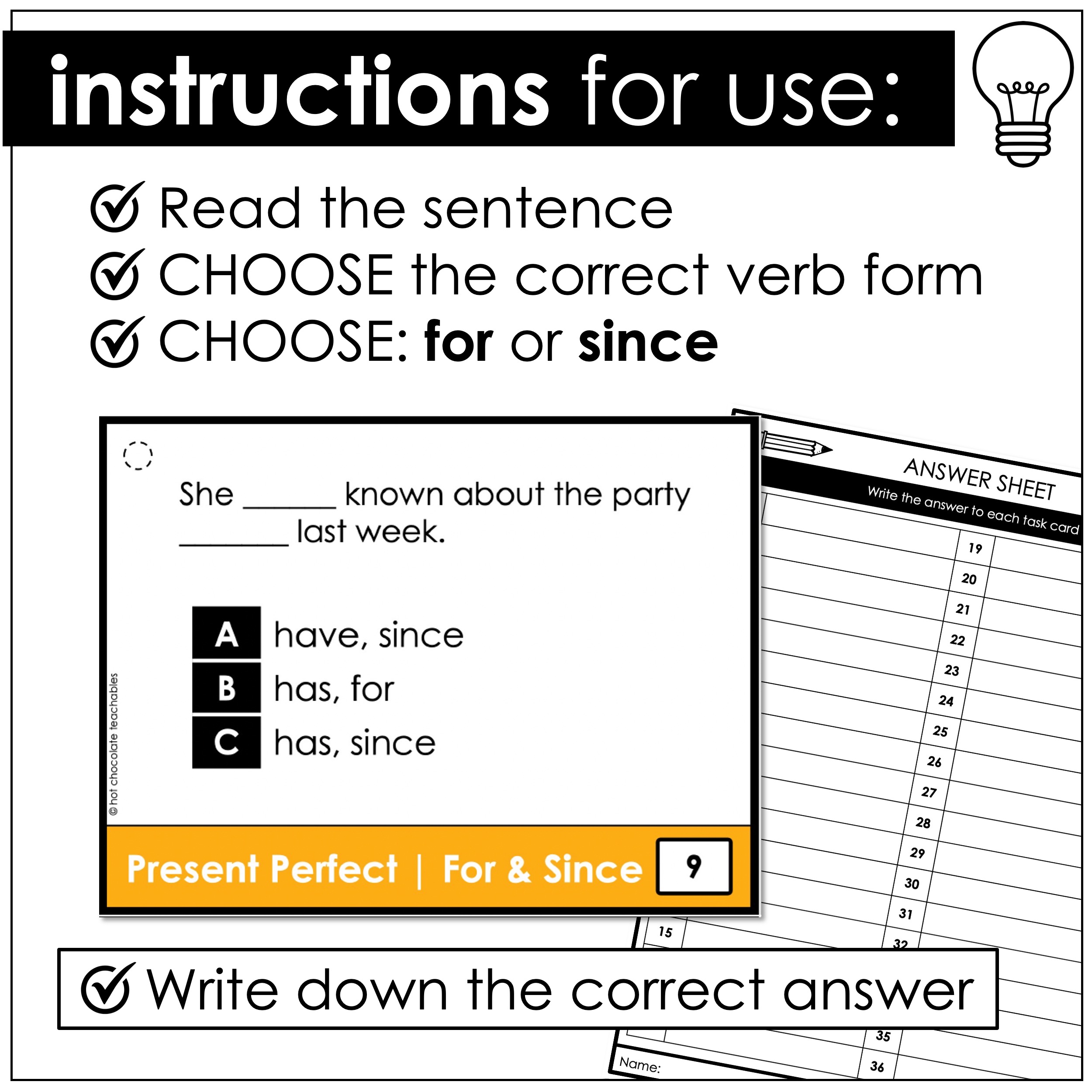Present Perfect with FOR and SINCE | Grammar Task Cards | Made By Teachers