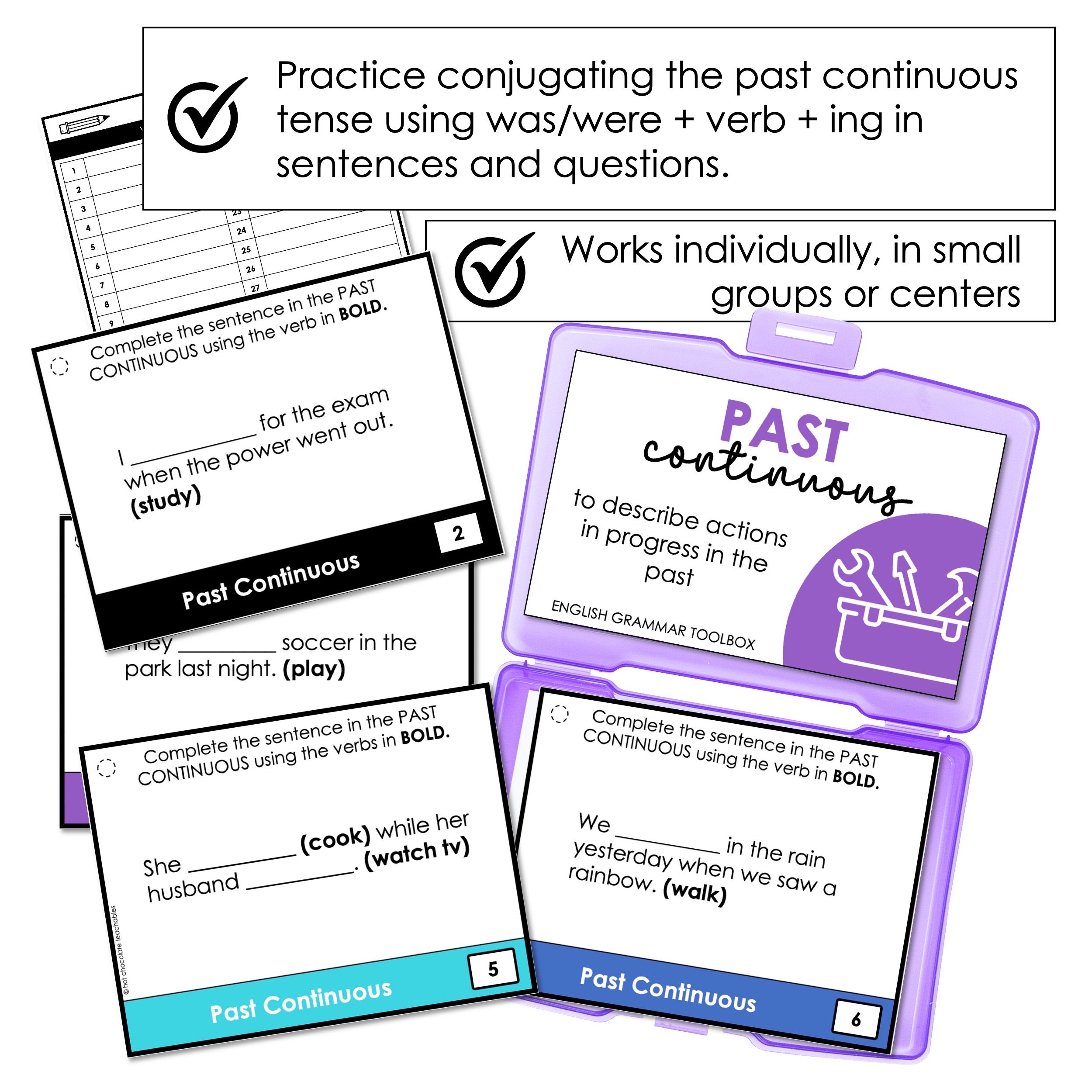 Past Continuous Verb Tense Grammar Task Cards for ESL - Past Actions ...